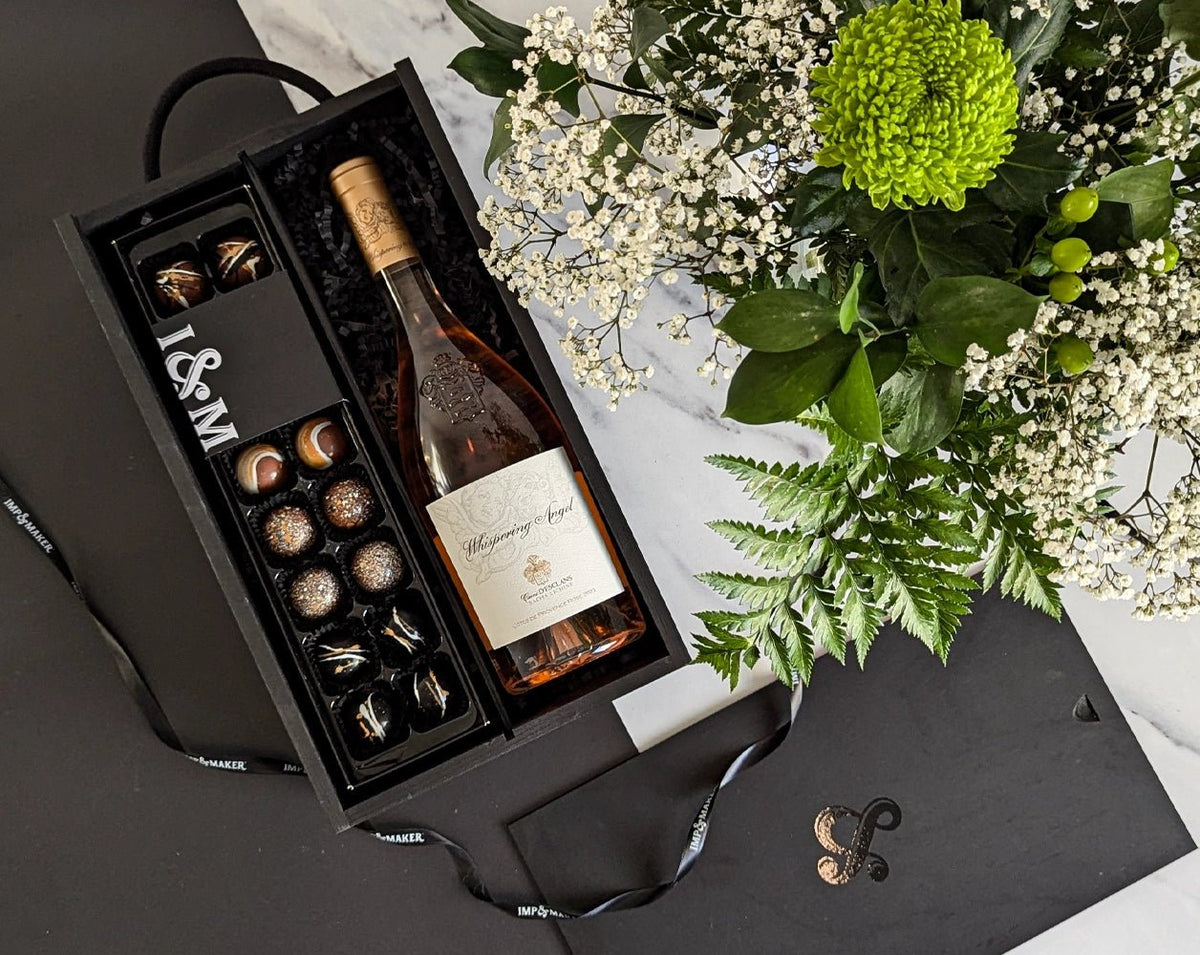 Whispering Angel Rosé & IMP & MAKER Chocolate Truffles Gift | Wooden ...